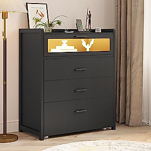 VIAGDO Chest of Drawers with LED Light, Black 4 Dresser, Tall Dresser Flip Drawer and Wheels, Wood Bedroom Storage Cabinet for Closet, Hallway, Black-4 Drawers-tall