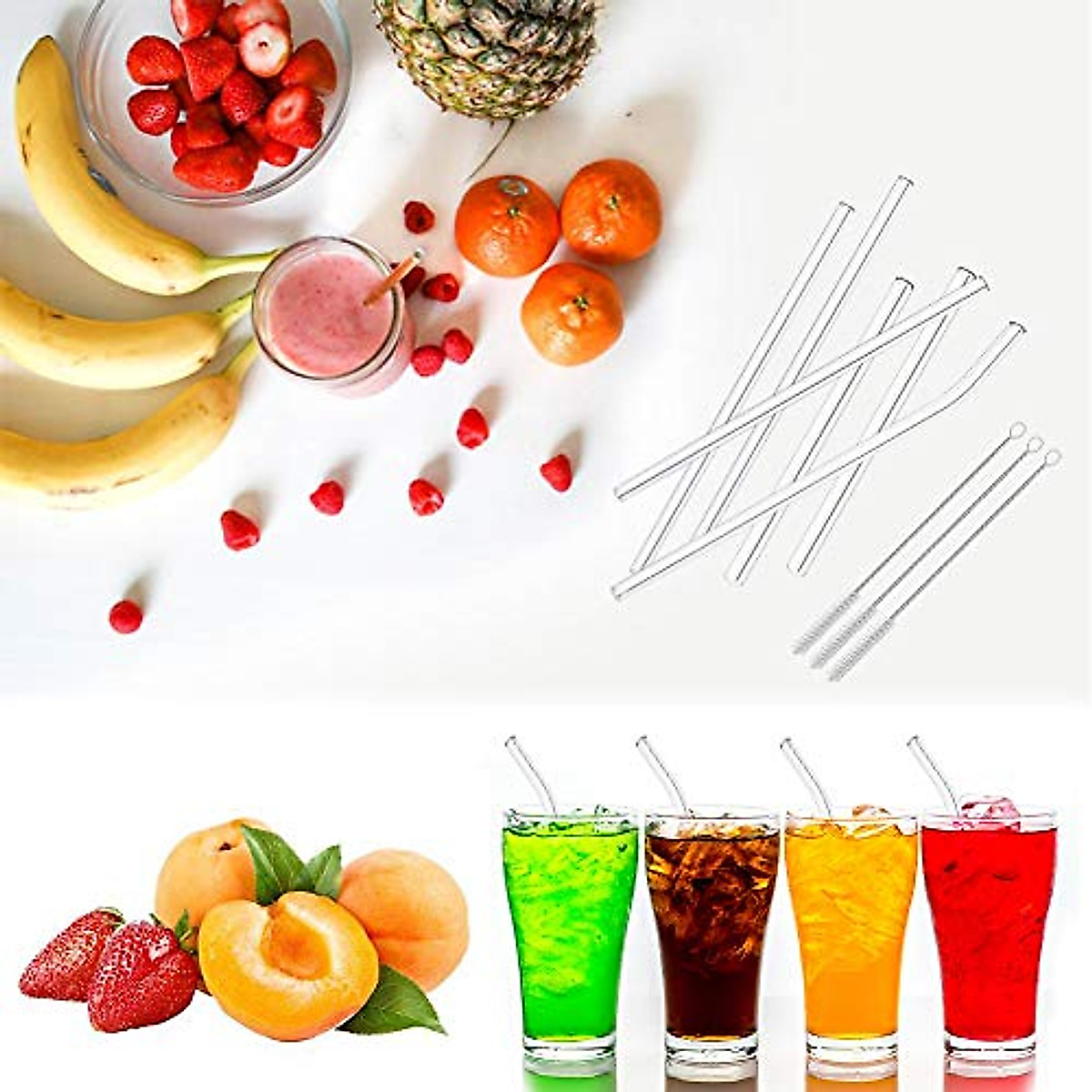 AOTWAN 20 Pack Glass Straws Drinking Reusable,Size 8.5''x10MM and 6''x10MM,Glass Straws Shatter Resistant Including 12 Straight and 4 Bent with 4 Brushes, Reusable Glass Straws for Cocktail,Juice