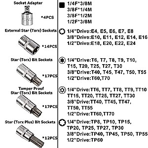 AOBEN 64Pcs Master Torx Bit Socket and External Torx Socket Set, 1/4, 3/8, 1/2-inch(E4-E24, T6-T70,TT6-TT70,TP8-TP60), S2 and Cr-V Steel, Includes Socket Adapters