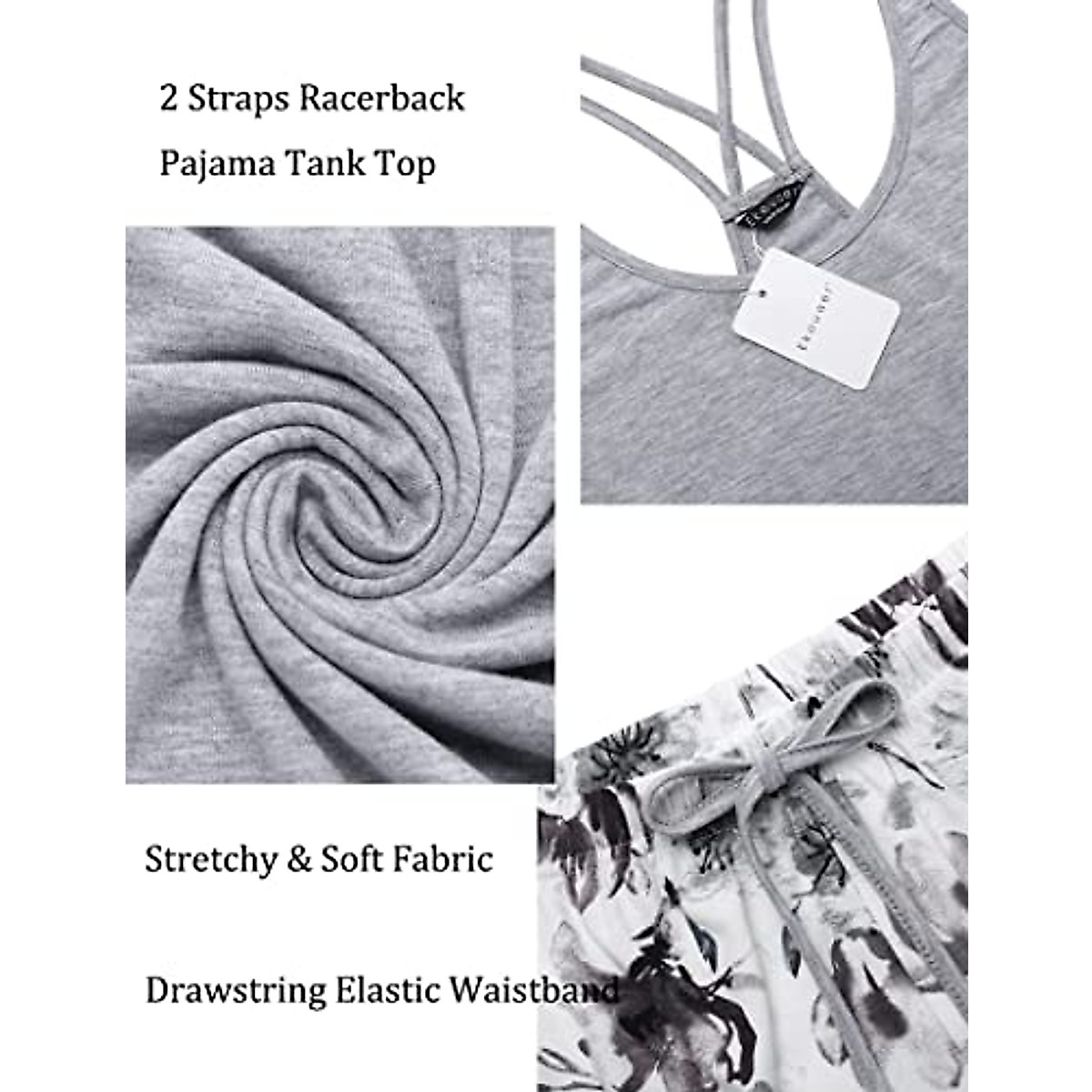 Ekouaer Pajamas Women's Cami Pajama Set Sleeveless Sleepwear Racerback PJ Sets Soft Tank Top Set with Shorts Lounge Set Light Grey Medium