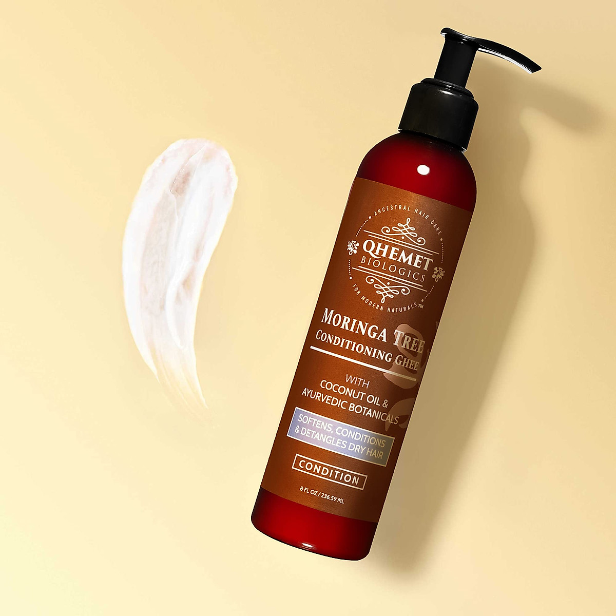 Qhemet Biologics Moringa Tree Conditioning Ghee - Lightweight Detangling Condition - Softens Moderately Dry Hair Without Weighing Down - Perfect for Stretching Tight Kinks & Coils (8 oz)