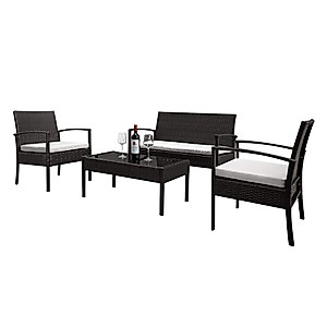 Patio Furniture Set, Outdoor Patio, Items for Patio, Outdoor Wicker Patio Furniture Set, 2 Arm Chairs, Loveseat, Glass Coffee Table, Brown