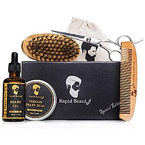 Beard Grooming & Trimming Kit for Men Care - Beard Brush, Beard Comb, Unscented Beard Oil Leave in Conditioner, Mustache & Beard Balm Butter Wax Growth, Styling Scissors - Stocking Stuffers Gift set