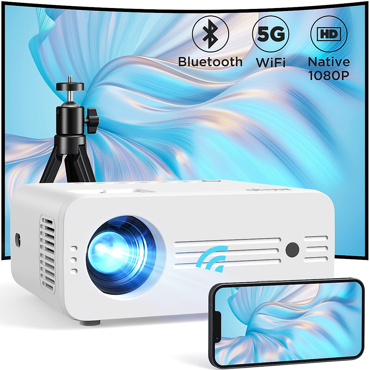 Native 1080P HD Projector, WiFi Projector, AKIYO 300" Mini Portable Movie Projector with Carrying Bag, Home Theater Video Projector, Compatible with HDMI, USB, Laptop, DVD, iOS, and Android Smartphone