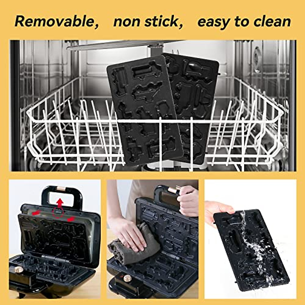 Mini Waffle Maker with Removable Plates, Cars and Trucks Shape Waffle Maker with Non-Stick Waffle Iron Family Breakfast Maker Unique Easter Gifts for Kids