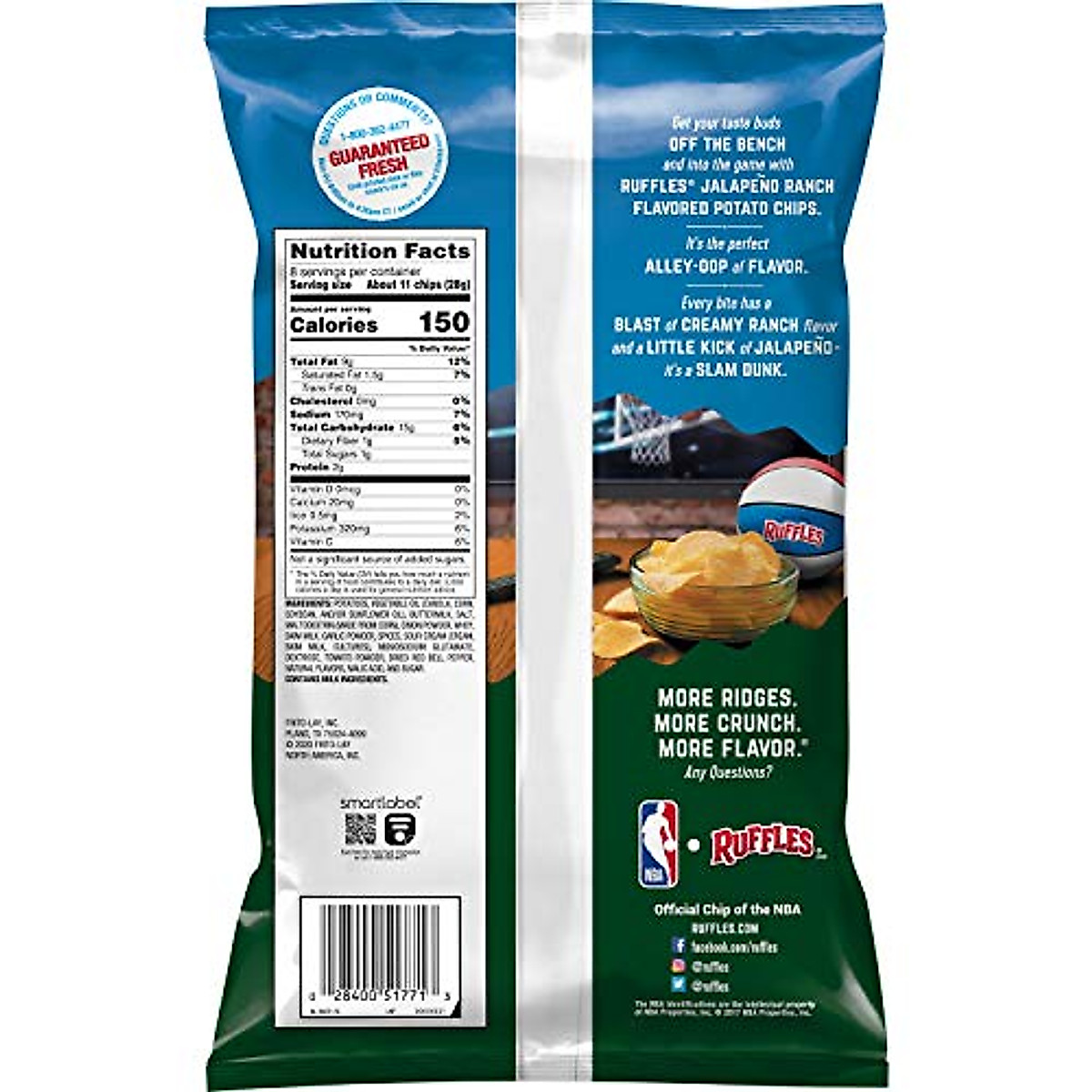 Ruffles Potato Chips, Jalapeno Ranch Flavored Snacks, 8 Oz Bag