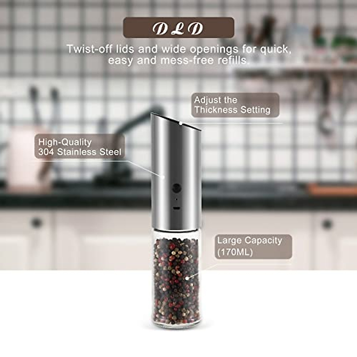 DLD Electric Pepper Grinder USB Rechargeable, Automatic Pepper and Salt Mill Grinder with LED Light, Quick Charging Grinder, Adjustable Coarseness, One Hand Operation