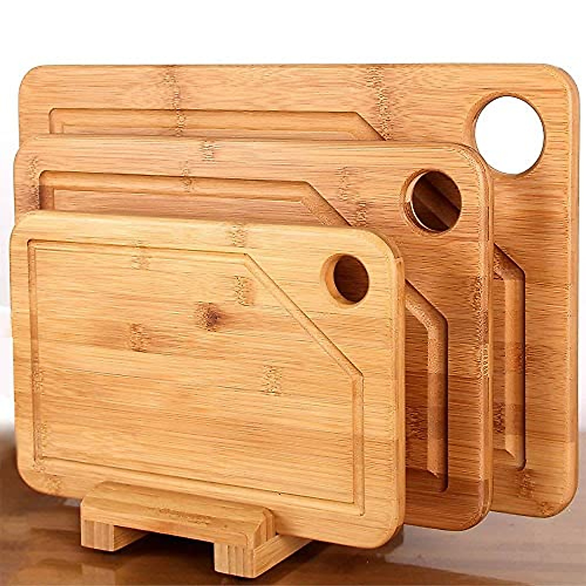 Mohy Bamboo Cutting Board Set with Juice Groove (Set of 3 with Holder) – Extra Large Thick Chopping Board Set for Meat, Cheese, Fruit and Vegetables