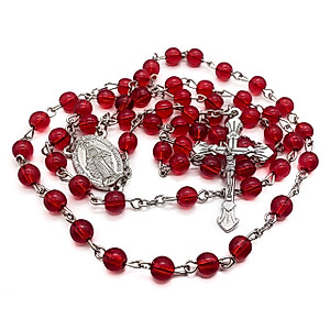 Nazareth Store Red Glass Beads Rosary Catholic Necklace Prayer Miraculous Medal Cross Holy Land Religious Gifts for Women and Men