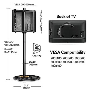 FITUEYES Design Corner TV Stand for 32&quot;-65&quot;, Mid Century Modern Black TV Stand with Marble Textured Glass Base &amp; Concealed Storage, Metal TV Stand Decor for Living Room, TV Floor Stand Master Series
