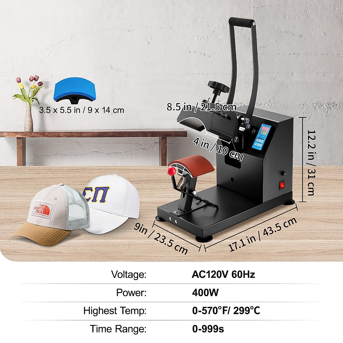 VEVOR Heat Press 6x3.75Inch Curved Element Hat Press Clamshell Design Heat Press for Hats Rigid Steel Frame No Stick Digital LCD Timer and Temperature Control (6x3.75Inch Clamshell Design)