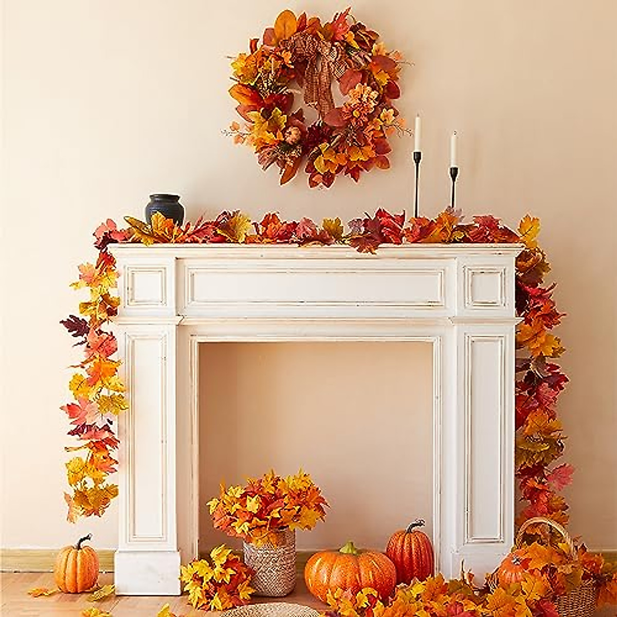 Fall Wreath for Front Door, 24 Inch Fall Door Wreath with Wreath Hanger, Autumn Pumpkin Wreath for Fall Decor Outdoor Indoor, Thanksgiving Day, Fall Decorations for Home