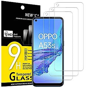 NEW'C Pack of 3, Glass Screen Protector for Oppo A53 / A53s, Tempered Glass Anti-Scratch, Anti-Fingerprints, Bubble-Free, 9H Hardness, 0.33mm Ultra Transparent, Ultra Resistant