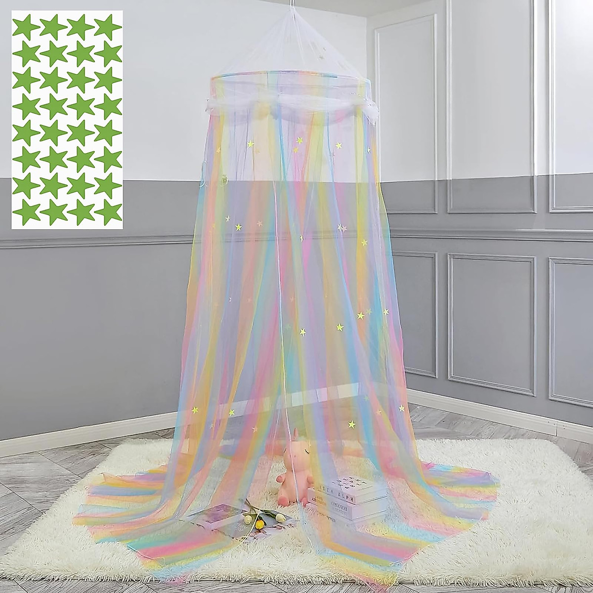 FIOBEE Bed Canopy Bed Curtains Mosquito Net Room Décor with Stars for Bedroom, Rainbow