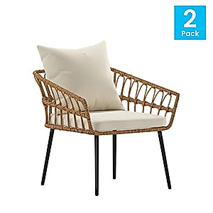 BizChair Evin Set of 2 Boho Indoor/Outdoor Rope Rattan Wicker Patio Chairs with Cream All-Weather Cushions, Natural