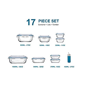 16 Piece Airtight Food Containers + 1 Glass Tumbler -Includes a Wooden Lid, Glass Straw, Cleaning Utensil, Lids Leakproof Microwave Oven Freezer Dishwasher Safe Containers Borosilicate Glass Set