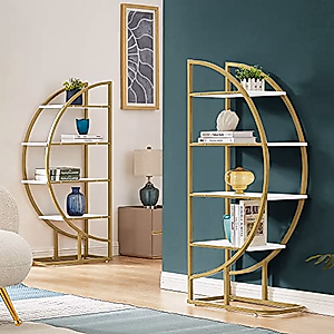 Merax Round Bookshelf Storage Display Shelf Organizer, 4 Tiers L Shaped Corner Bookcase Shelving Unit for Home Office, White, Gold