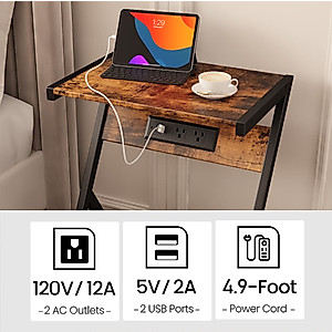 MMEOLUOOK C Shaped End Table with Charging Station Side Table, Printer Stand, nightstand Couch Table Metal Frame with Rolling Casters, Coffee Table for Living Bedroom Snack Laptop MLBZ77RE