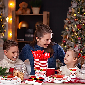 Whaline 175Pcs Christmas Party Tableware Set 7 and 9 Inch Santa Claus Paper Plates 6.5 Inch Santa Belts Napkins Cute Xmas Disposable Cups and Red Fork Spoon Knife Kit for Xmas Holiday Dinner Supplies