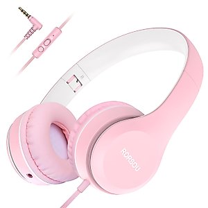 RORSOU K5 Kids Headphones with Microphone for shchool, Volume Limiter 85/94dB, Foldable Stereo Tangle-Free 3.5mm Jack Wired Cord On-Ear Headphones for Children/Boys/Girls/Kindle/Tablet/MP3/4 (Pink)