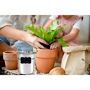 12 Metal Buckets with Chalkboard Stickers, Small Galvanized Pail for Party and Wedding, 5 Inch Tin Buckets, Garden Planters, (tie tong)