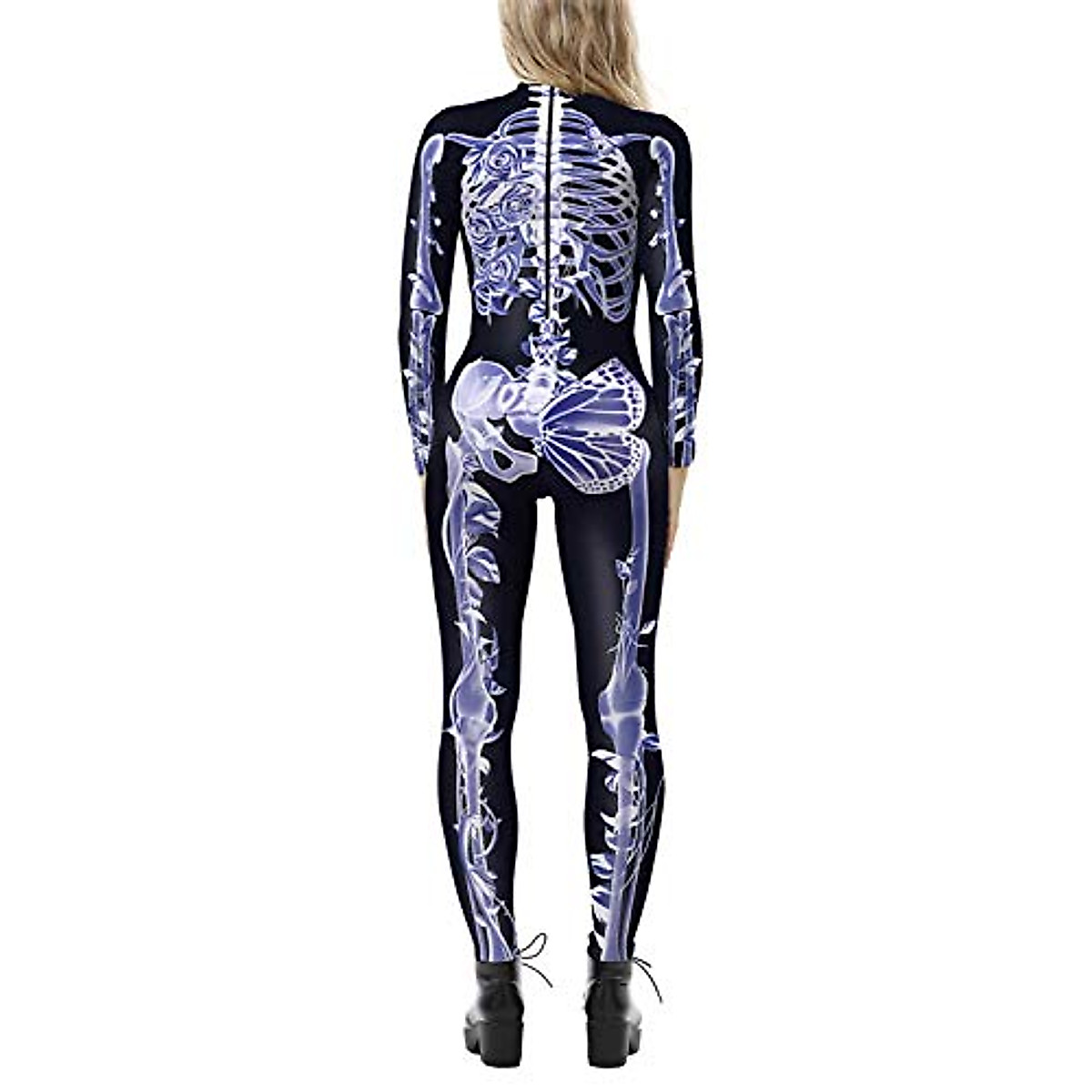 Selowin Womans Skull Pattern Halloween Costume Party Skeleton Slim Catsuit Bodysuit Light Purple S