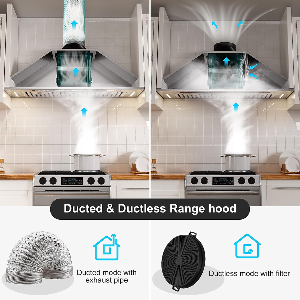 BRANO Range Hood Insert 36 Inch, 900 CFM Smart Voice/Gesture/Touch Control, 4 Speed Exhaust Fan, Stainless Steel Kitchen Hood with Charcoal Filter, Ducted/Ductless Convertible