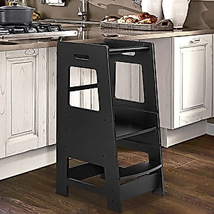 LUSIMO Toddler Step Stool Nursery Standing Tower Wooden Kids Step Stool with Safety Rail Height Adjustable Toddler Learning Tower with Anti-Slip Protection Support Up to 165lbs Black