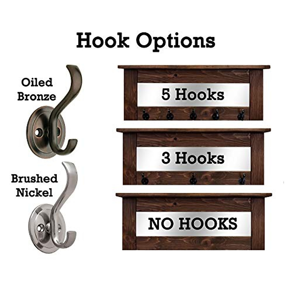 Oxford Farmhouse Wall Hook Coat Rack with Mirror & Shelf, Towel Hook, Purse Hook, Rustic Hook, Key Hooks - 20 Colors, Special Walnut