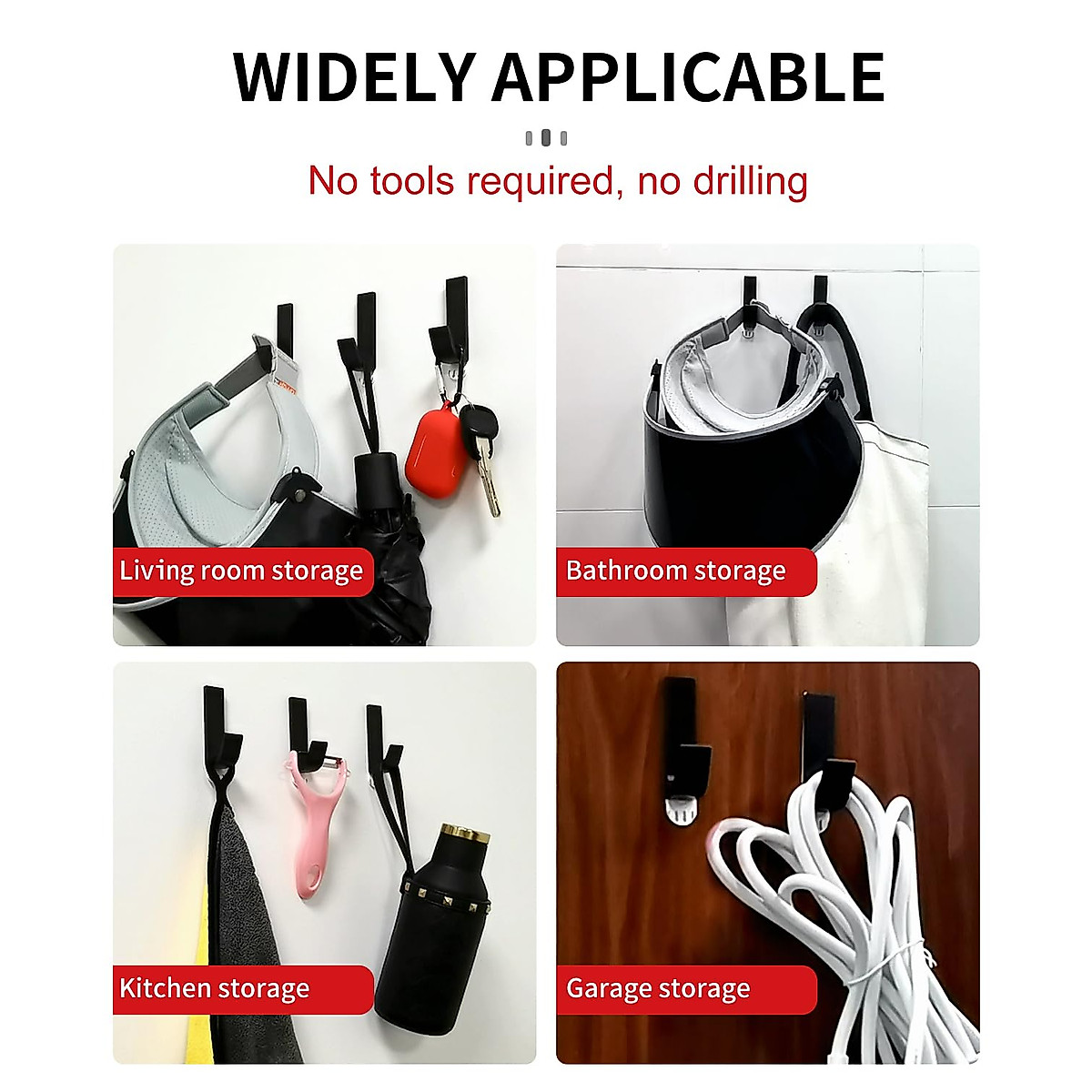 PHIXBEAR Damage Free Hanging Wall Hooks with Adhesive Strips, Adhesive Hooks for Hanging Heavy Duty, Removable Black Sticky Hooks, 6 Metal Hooks and 12 Strips