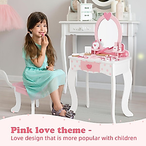 OOOK Kids Vanity Set,Table & Chair Vanity Set with Mirror（Includes 15 pcs Multiple Make up Accessories, Makeup Dressing Table with Storage Drawer, Pink