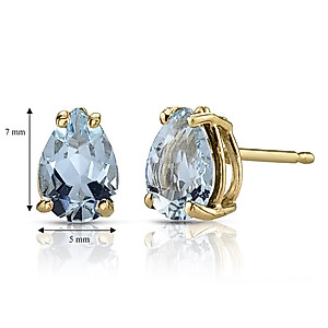 Peora 14K Yellow Gold Aquamarine Earrings for Women, Genuine Gemstone Solitaire Studs, 7x5mm Pear Shape, 1 Carat total, Friction Back