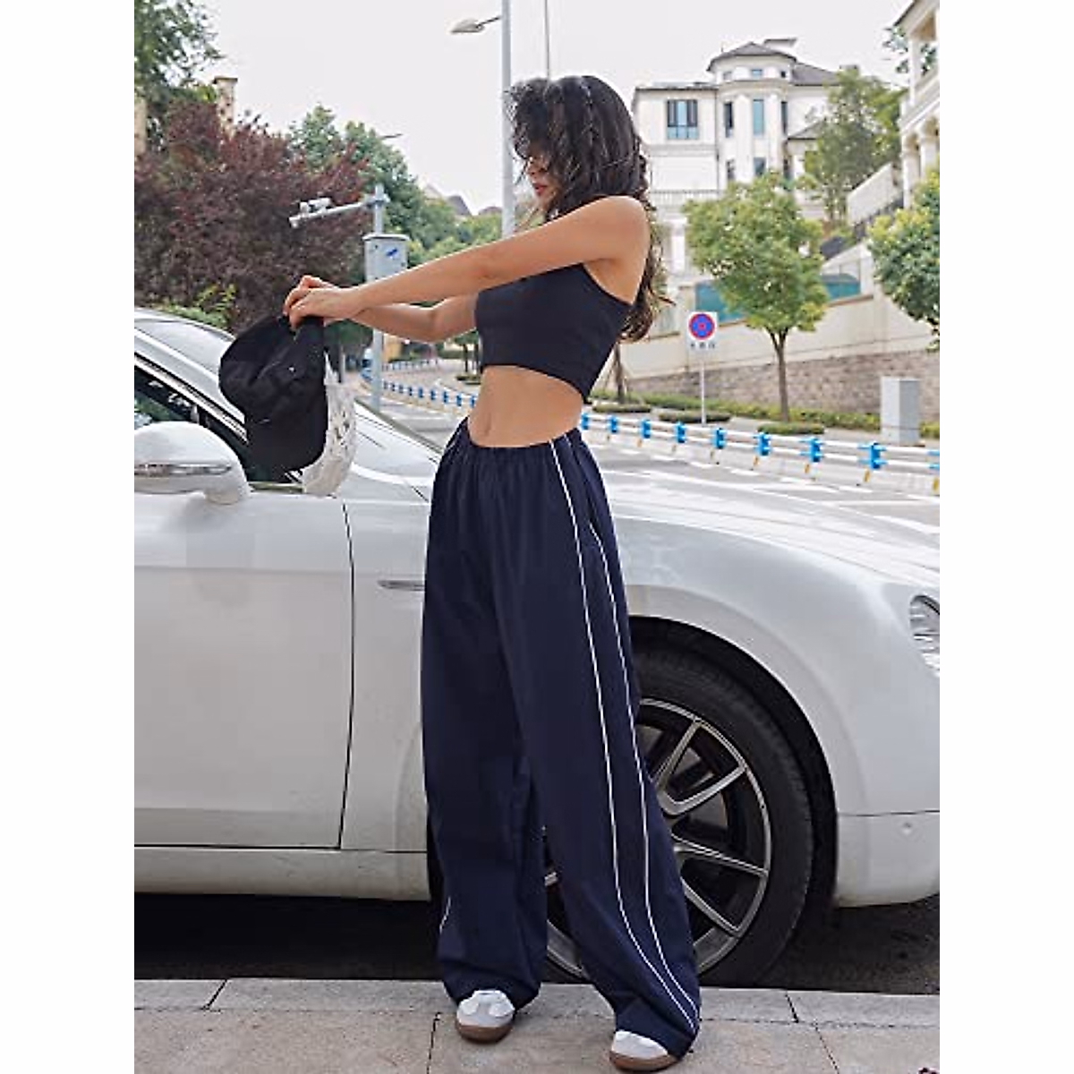 MANGMAO Womens Y2k Track Pants Y2k Clothing Parachute Pants High Waisted Cargo Pants with Pockets Trendy Baggy Sweatpants (Navy,S,Small)