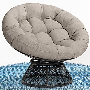 Bme 40" Ergonomic Wicker Papasan Chair with Soft Thick Density Fabric Cushion, High Capacity Steel Frame, 360 Degree Swivel for Living, Bedroom, Reading Room, Lounge, Silver Cloud - Black Base
