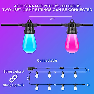 SOVELA Smart Outdoor String Lights, RGB String Lights 48ft 15 LED Bulbs, APP Control Compatible with Alexa, Music Sync Color Changing, Strand for Patio Backyard Garden Porch Wedding Paty