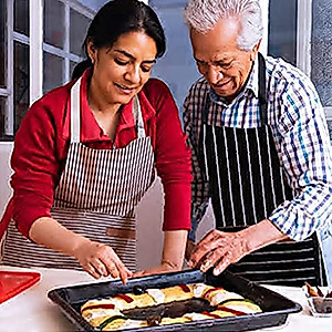 RUIBOLU Adjustable Bib Apron with 2 Pockets Cooking Kitchen Cotton Aprons for Women Men Chef Restaurant BBQ Painting Crafting, Long Ties Neck Strap (Khaki Stripes)