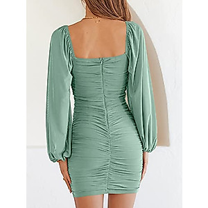 ANRABESS Women Long Sleeve Square Neck Mesh Ruched Bodycon Mini Dress Party Club Cocktail Formal Wedding Guest Short Dresses Light Green Medium