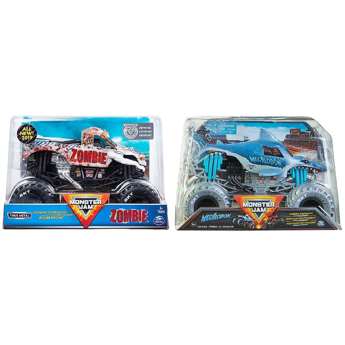 Monster Jam, Official Megalodon Monster Truck and Official Zombie Monster Truck, Collector Die-Cast Vehicle, 1:24 Scale, Bundle