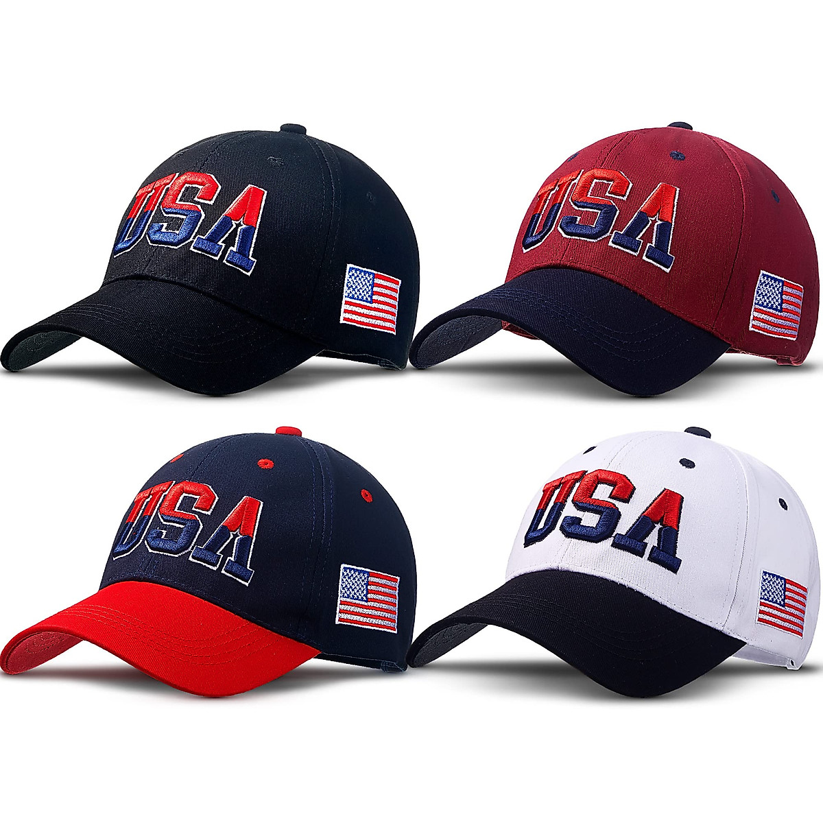 Zhanmai 4 Pieces Usa Hats for Men American Flag Baseball Cap Usa Flag Patriotic Tactical Hat Adjustable Embroidered Dad Hat for Men Women Teens