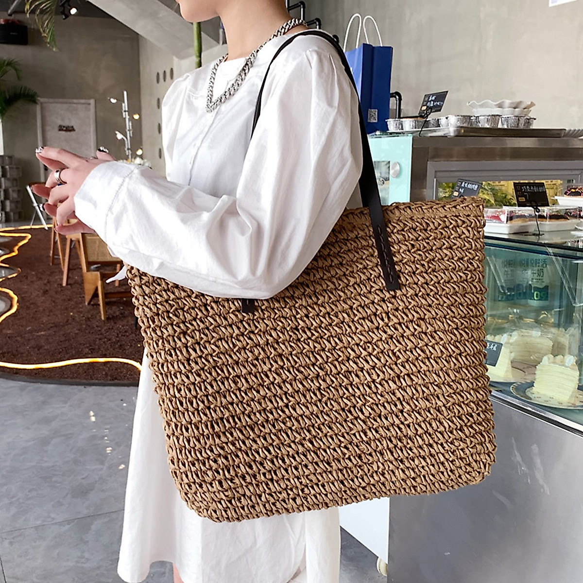 Straw Bag Women Straw Woven Tote Large Beach Handmade Weaving Shoulder Bag Handbag (2 in 1 style-Khaki)