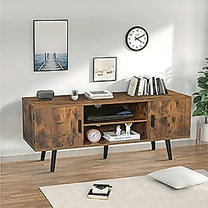 Iwell Mid-Century Modern TV Stand for 55 Inch TV, Entertainment Center TV Console with 2 Storage Cabinet and Shelves, TV Stand for Living Room/Bedroom, Rustic Brown