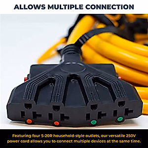 Firman Power Cord with Storage Strap, 10AWG with Circuit Breaker, 30 AMP Wiring, Fully Insulated Extension Cord, L14-30P to 5-20R (4 Outlets), Pack of 1, 25 ft.