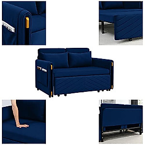 Xozor 54" Modern Convertible Sofa Bed - Adjustable Pull Out Couch Bed Sleeper Sofa,Velvet Loveseat with 2 Pillows and Side Pockets for Living Room, Office Or Bedroom, (Blue)