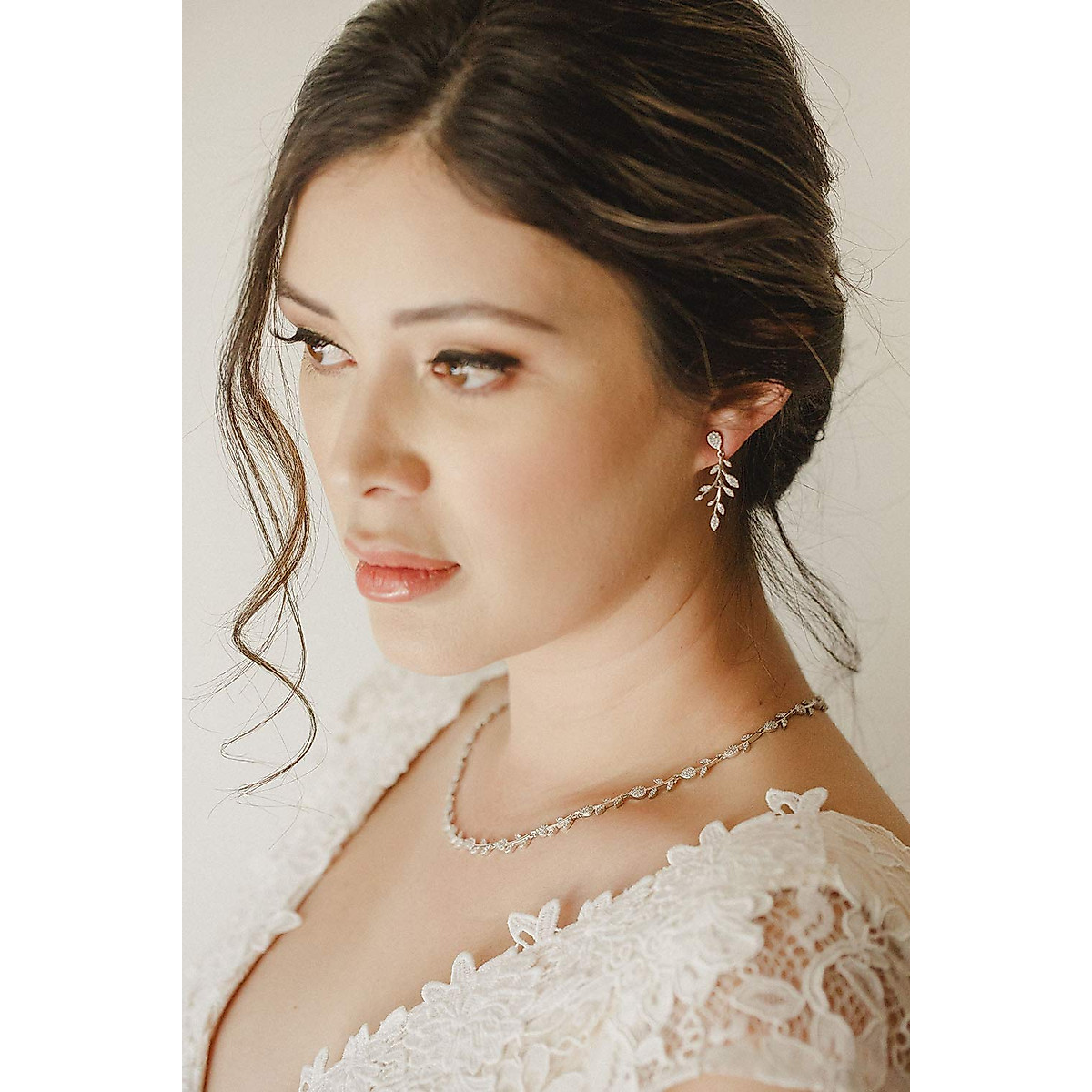 SWEETV Cubic Zirconia Wedding Jewelry Sets for Bride Bridesmaids, Crystal Silver Leaf Vine Bridal Earrings and Necklace Set for Women Jewelry Gifts