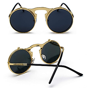 luojery Retro Round 80's Flip Up Steampunk Sunglasses Mirror Vintage Circle Sun Glasses Eyewear for Men Women (Gold Frame Grey Lens, as the picture)