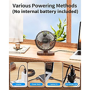 SWEETFULL 6.5 Inch USB Small Desk Fan, 3 Speeds Quiet Portable Desktop Table Fan, 360° Adjustment Personal Mini Fan for Home Office Car Outdoor Travel (Black wood grain)