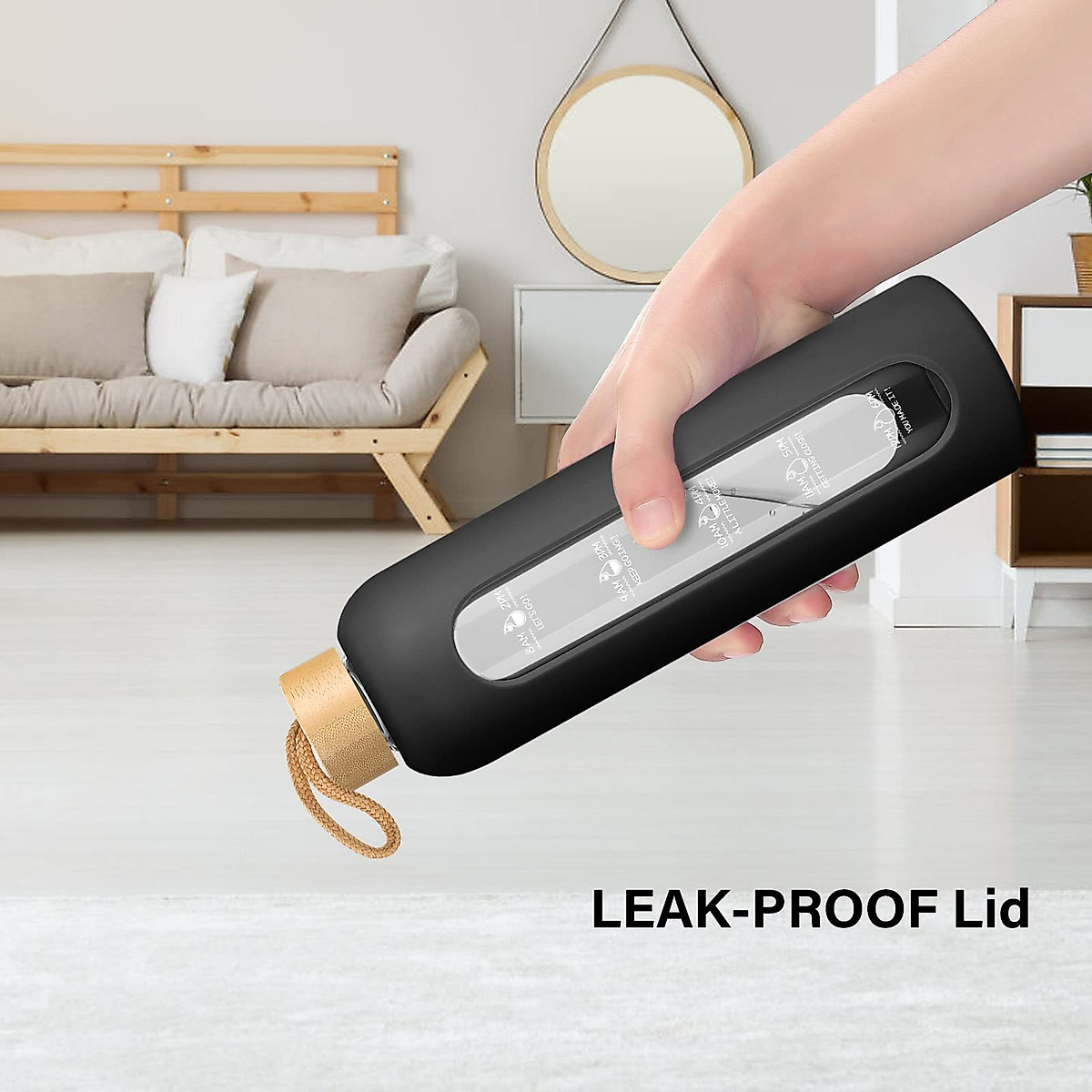 Sursip 32oz Motivational Glass Water Bottle with Time Marker, Silicone Sleeve, and Bamboo Lid - 1 Liter Reusable Drinking Bottle with Ice Cube Tray, Leak-Proof Design