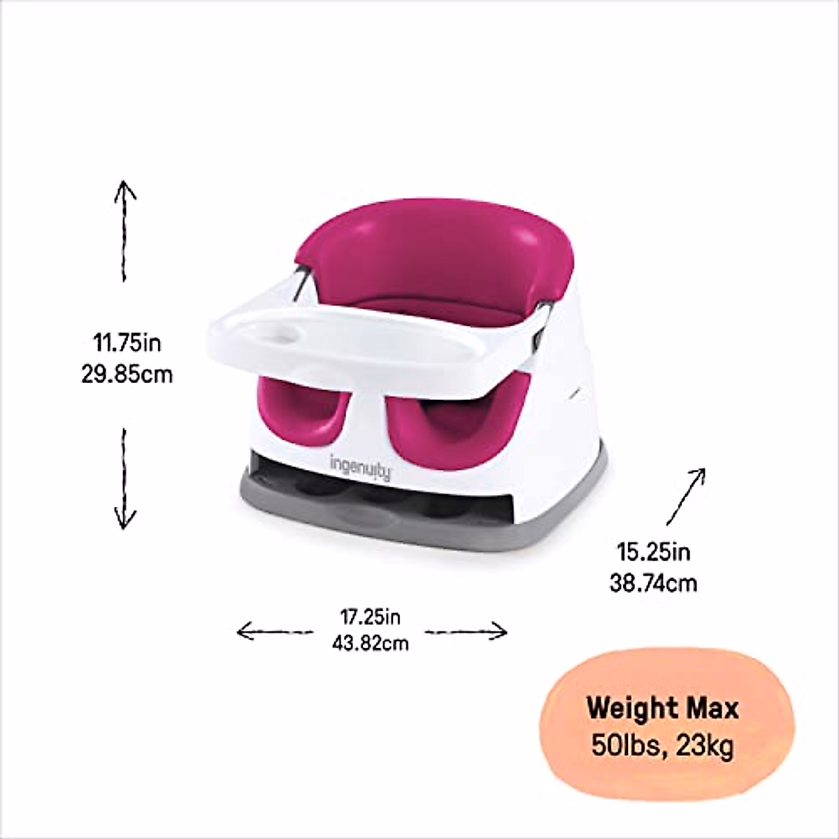Ingenuity Baby Base 2-in-1 Booster Feeding and Floor Seat with Self-Storing Tray - Pink Flambe