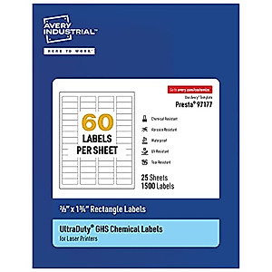 Avery UltraDuty GHS Labels, Waterproof, 2/3" x 1-3/4" Inch Rectangle Printable Labels, Pack of 1500 White Labels for Use with Laser Printers