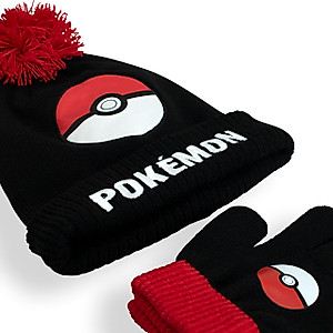 Pokemon Winter Hat and Gloves Set For Kids | Accessories for Boys and Girls | Kids Beanie Hat | Red One Size